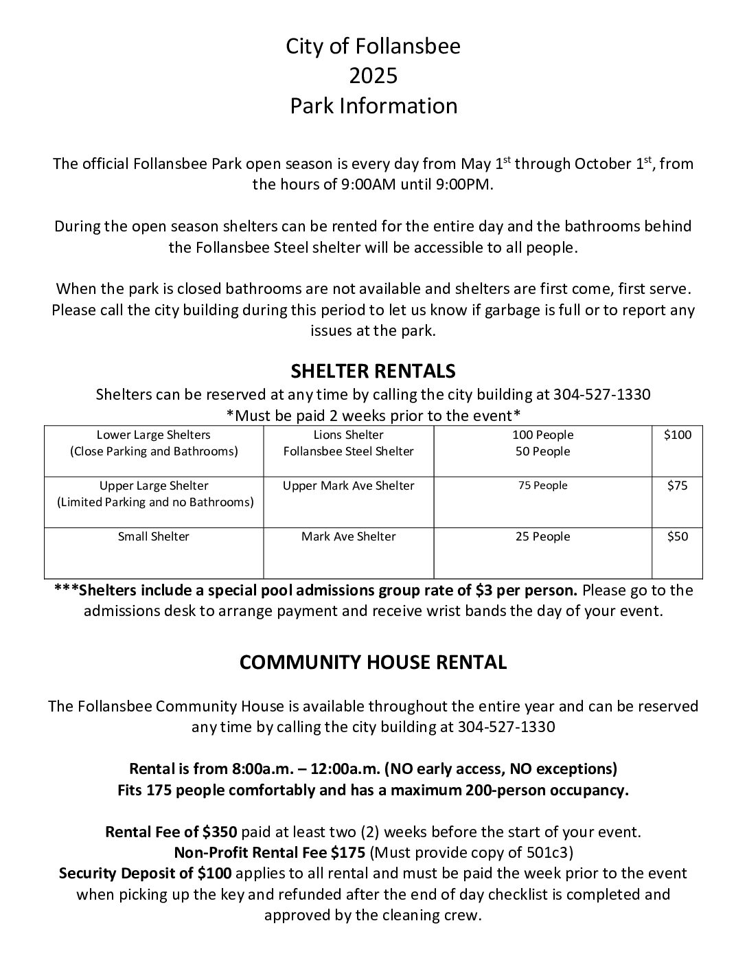 Park and Pool Information - City Of Follansbee